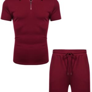 URRU Men's Classic Short Sleeve Polo Shirt Sets Zipper Casual Slim Fit Cotton Tracksuit Wine Red M