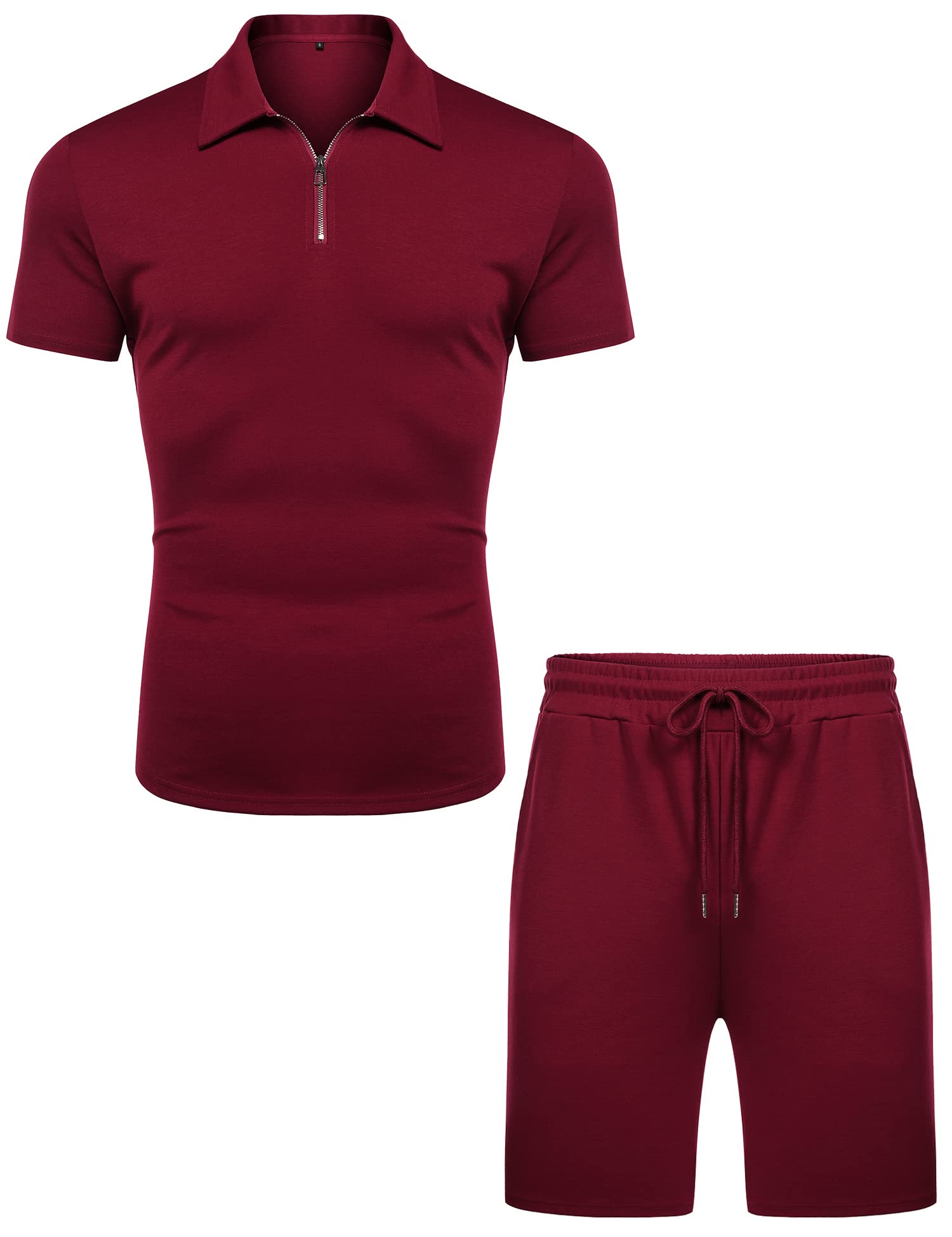 URRU Men's Classic Short Sleeve Polo Shirt Sets Zipper Casual Slim Fit Cotton Tracksuit Wine Red M