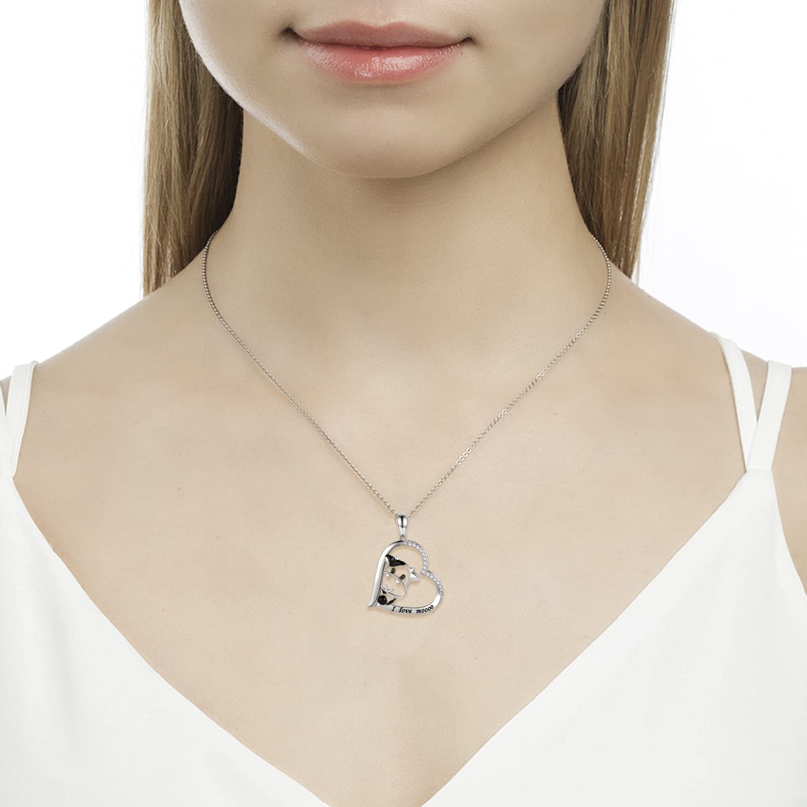 925 Sterling Silver Cow Necklace Pendant Cow Print Jewelry for Women Birthday Cow Gifts (Heart Cow Necklace)