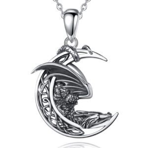 vito sterling silver celtic moon dragon necklace for women men, vintage aesthetic crescent pendant jewelry gift for husband, 18 inch chain