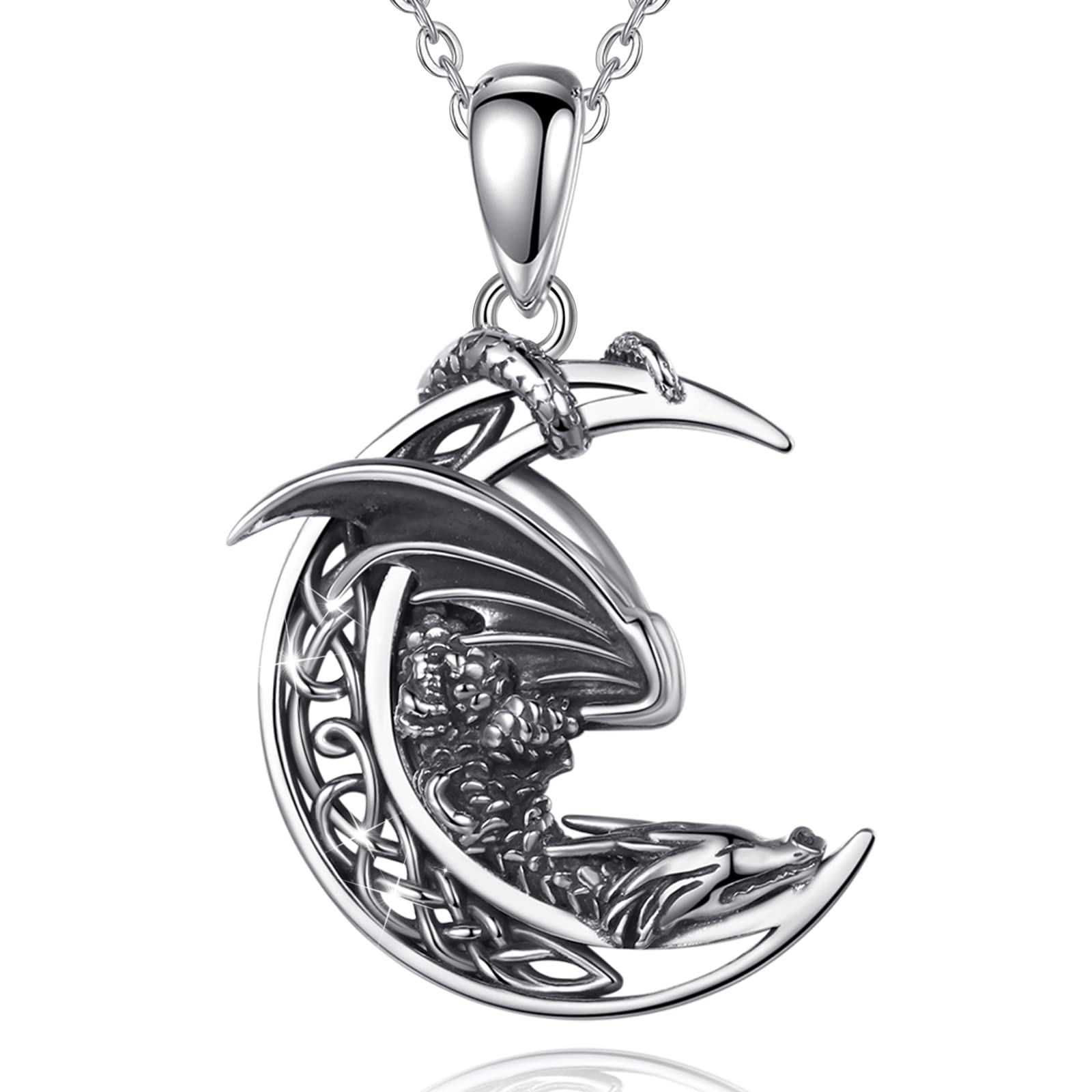 Vito Sterling Silver Celtic Moon Dragon Necklace for Women Men, Vintage Aesthetic Crescent Pendant Jewelry Gift for Husband, 18 inch Chain