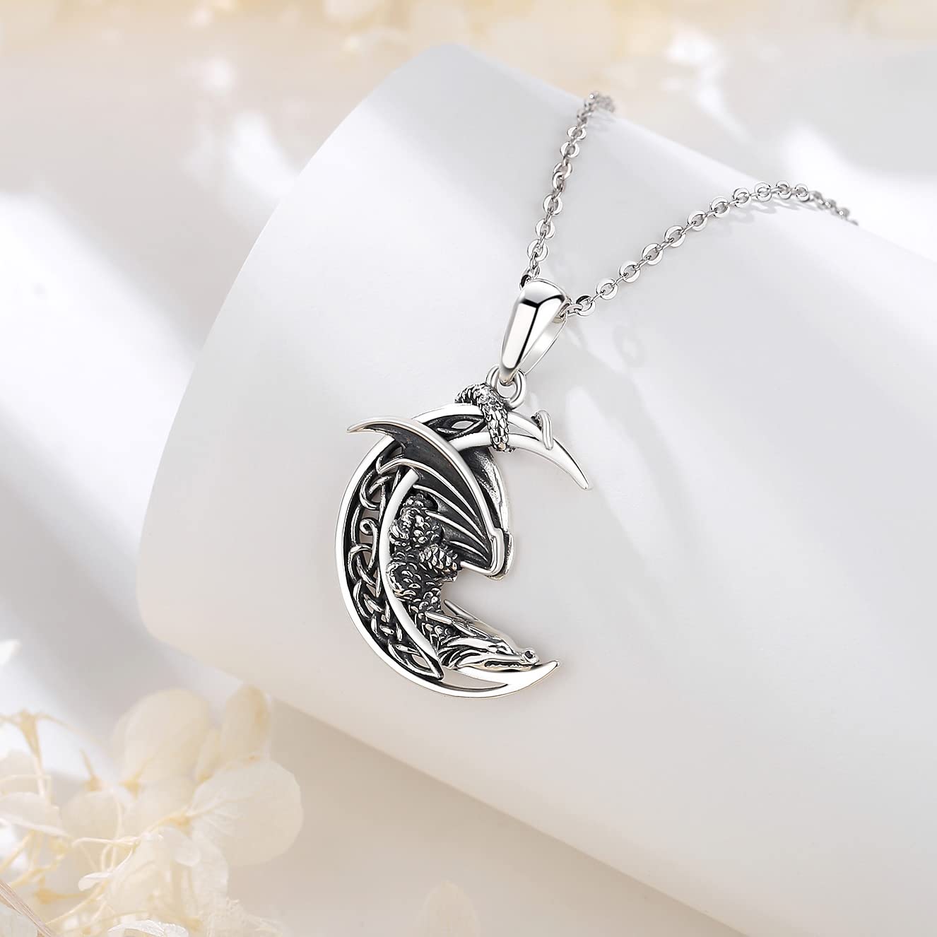 Vito Sterling Silver Celtic Moon Dragon Necklace for Women Men, Vintage Aesthetic Crescent Pendant Jewelry Gift for Husband, 18 inch Chain