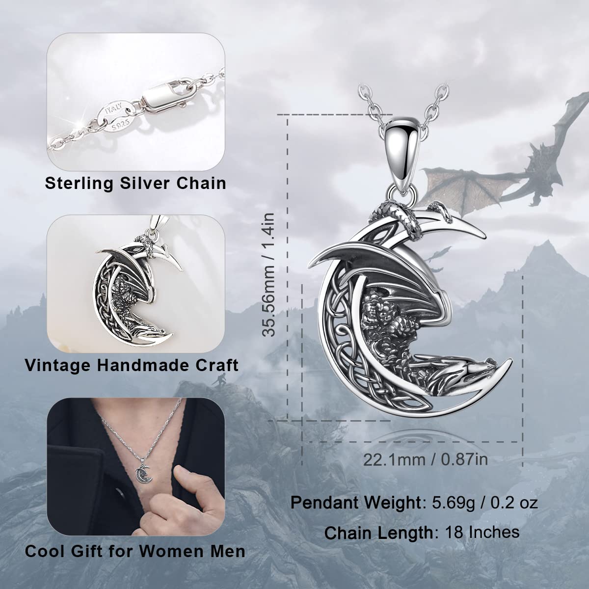 Vito Sterling Silver Celtic Moon Dragon Necklace for Women Men, Vintage Aesthetic Crescent Pendant Jewelry Gift for Husband, 18 inch Chain