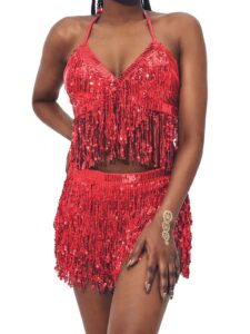 kakaco belly dance skirt with crop top sequins fringe skirts set rave dance bra top party costume outfits for women and girls (a-red)