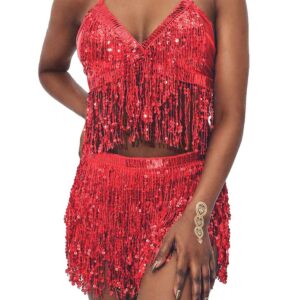 Kakaco Belly Dance Skirt with Crop Top Sequins Fringe Skirts Set Rave Dance Bra Top Party Costume Outfits for Women and Girls (A-Red)