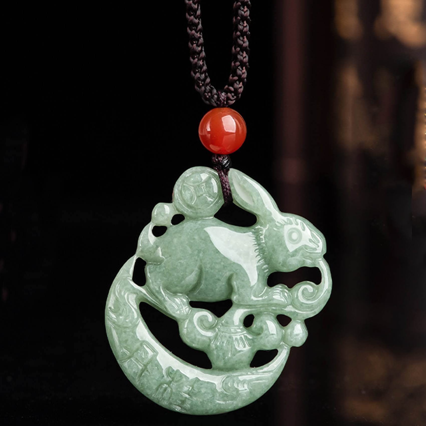 Feng Shui Jade Necklace Natural Nephrite Jade Necklace Auspicious Rabbit Charm Pendant Necklace w/Cord Green Jade Amulet Talisman Stone Attract Wealth Good Luck Unisex