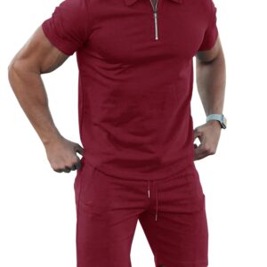 URRU Men's Classic Short Sleeve Polo Shirt Sets Zipper Casual Slim Fit Cotton Tracksuit Wine Red M