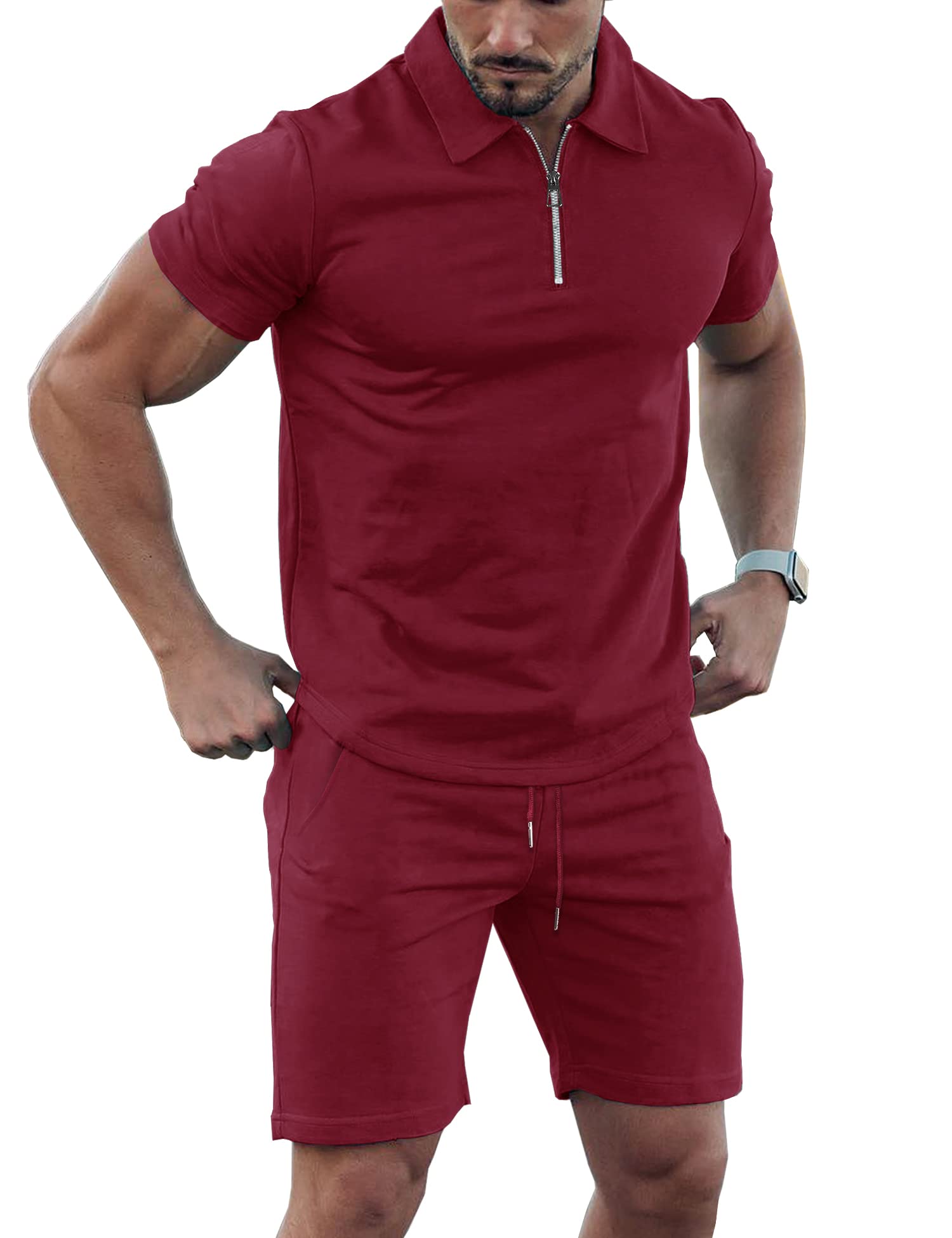 URRU Men's Classic Short Sleeve Polo Shirt Sets Zipper Casual Slim Fit Cotton Tracksuit Wine Red M