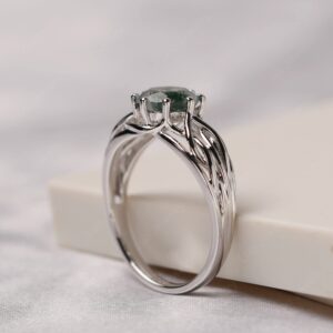 LUO S925 Sterling Silver Round Cut 1.25 Carat Natural Moss Agate Ring Statement Ring Crossing Freeform Promise Ring for Women US Size 7