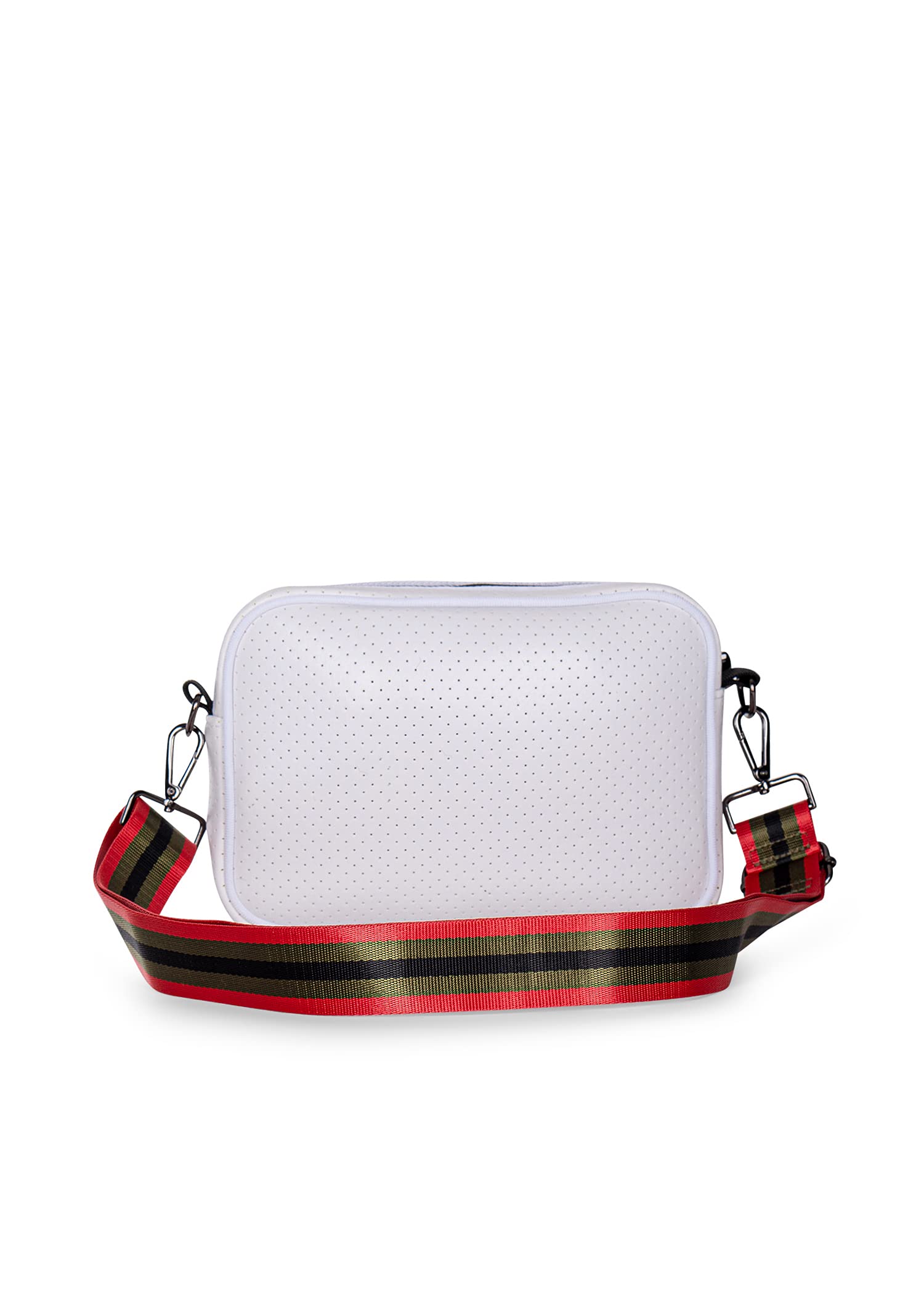 Haute Shore - Drew Trento Crossbody,White Coated W/Olive,Black,& Red Stripe