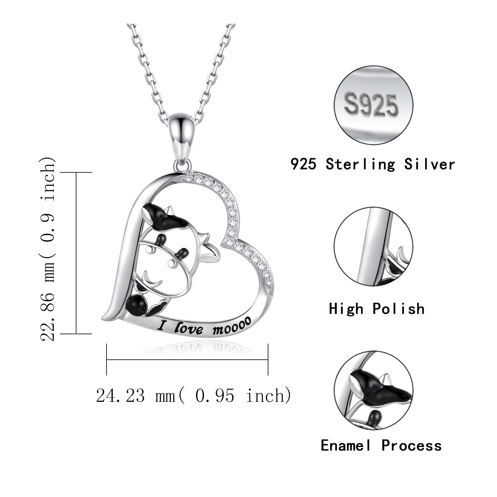 925 Sterling Silver Cow Necklace Pendant Cow Print Jewelry for Women Birthday Cow Gifts (Heart Cow Necklace)