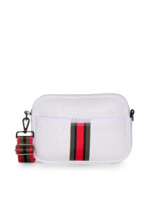 haute shore - drew trento crossbody,white coated w/olive,black,& red stripe