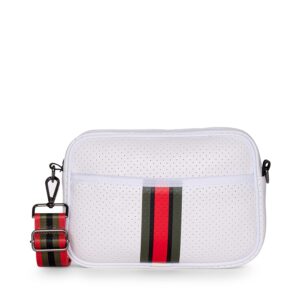 Haute Shore - Drew Trento Crossbody,White Coated W/Olive,Black,& Red Stripe