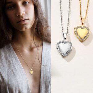 CALOZITO Stainless Steel Heart Necklace Women, Photo Frame Love Shape Necklace Openable Pendant (PN-1363G Gold)