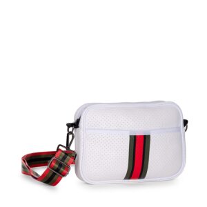 Haute Shore - Drew Trento Crossbody,White Coated W/Olive,Black,& Red Stripe