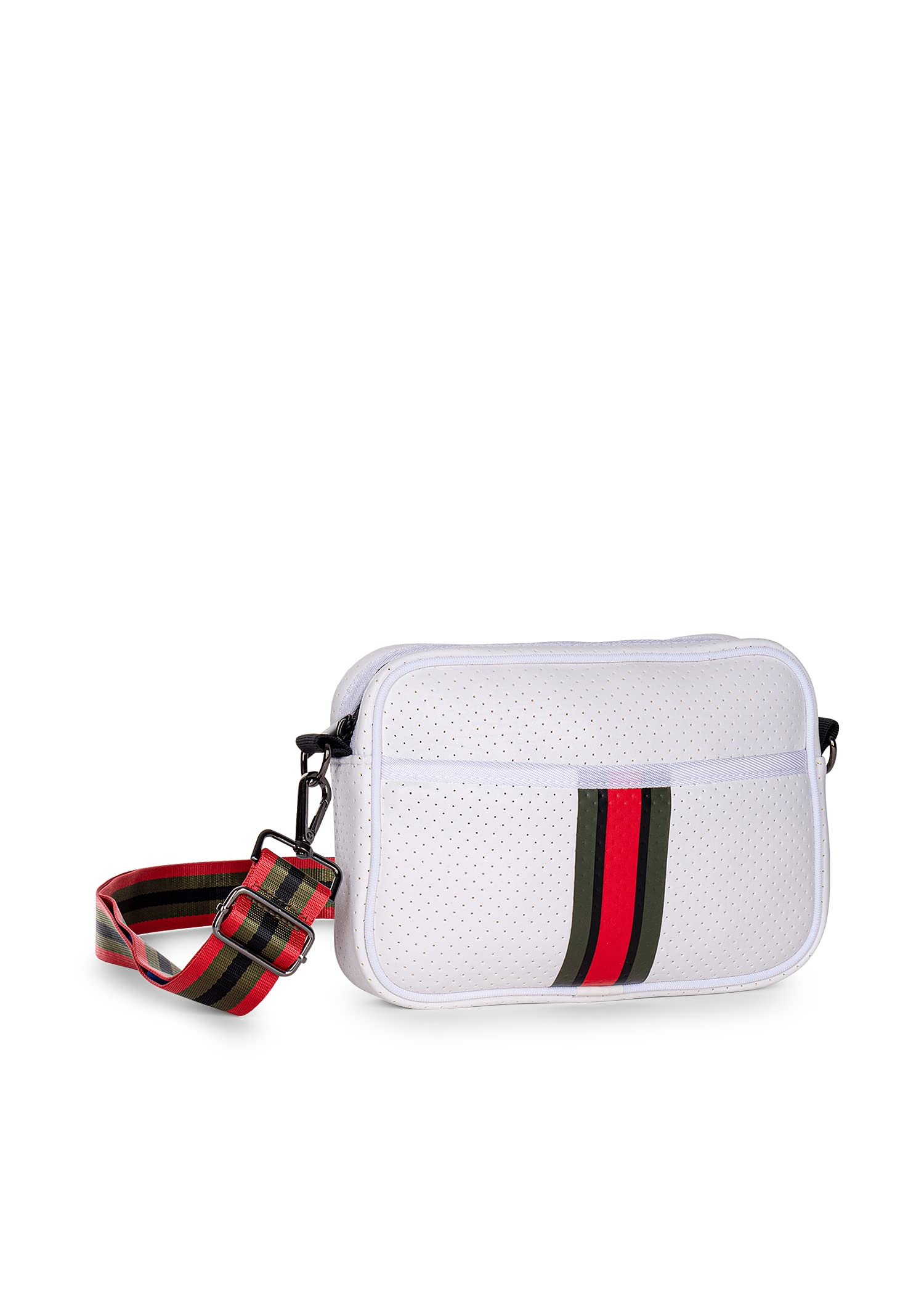 Haute Shore - Drew Trento Crossbody,White Coated W/Olive,Black,& Red Stripe