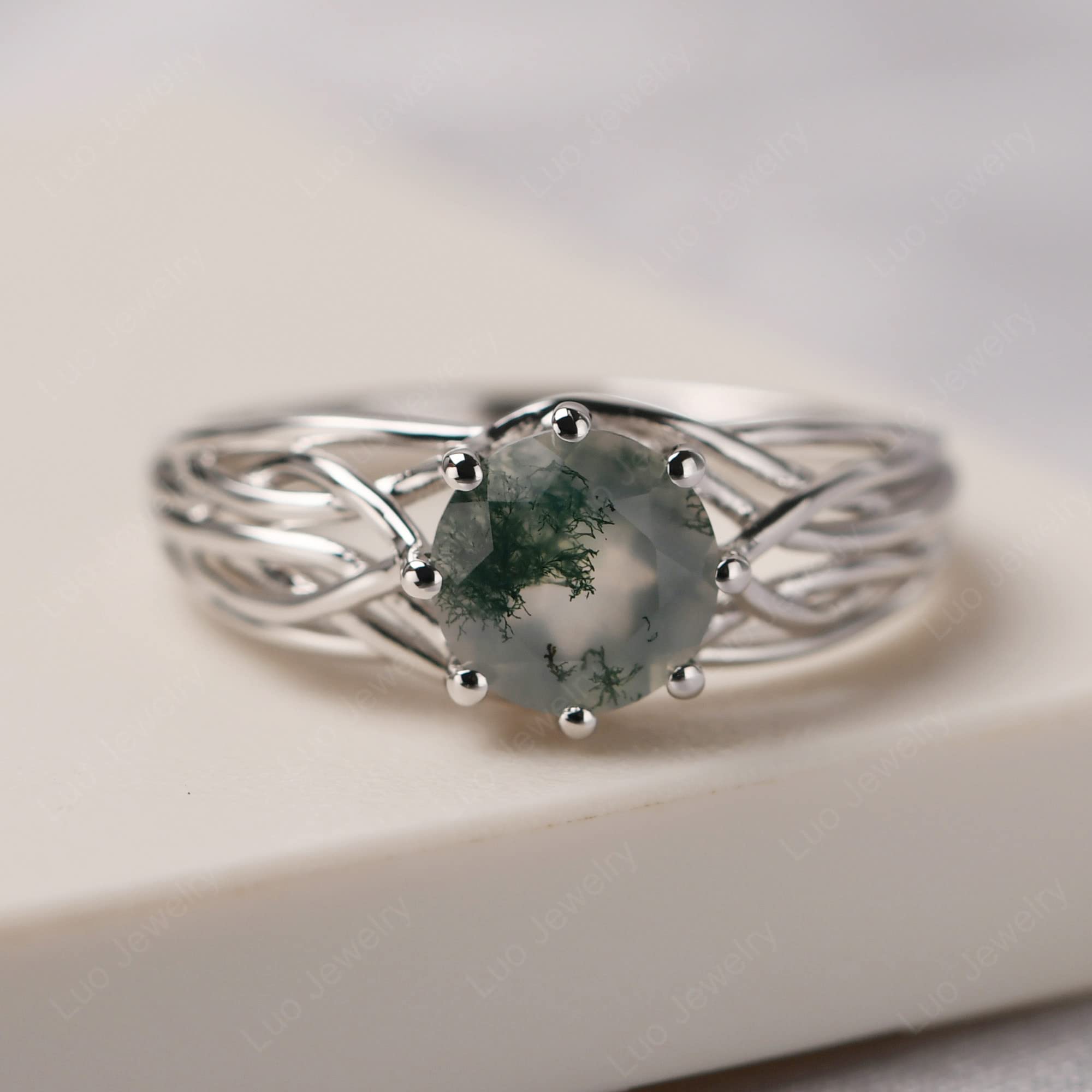 LUO S925 Sterling Silver Round Cut 1.25 Carat Natural Moss Agate Ring Statement Ring Crossing Freeform Promise Ring for Women US Size 7