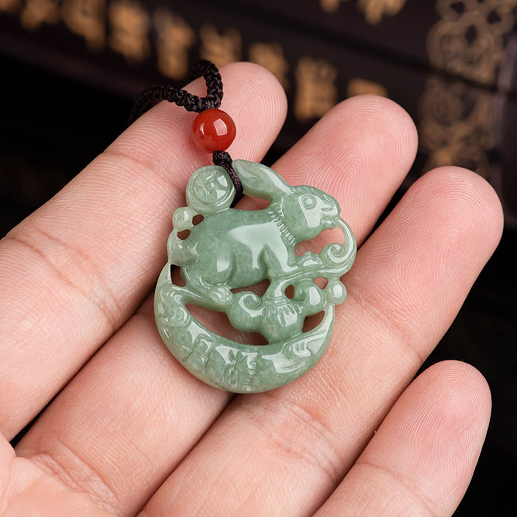 Feng Shui Jade Necklace Natural Nephrite Jade Necklace Auspicious Rabbit Charm Pendant Necklace w/Cord Green Jade Amulet Talisman Stone Attract Wealth Good Luck Unisex