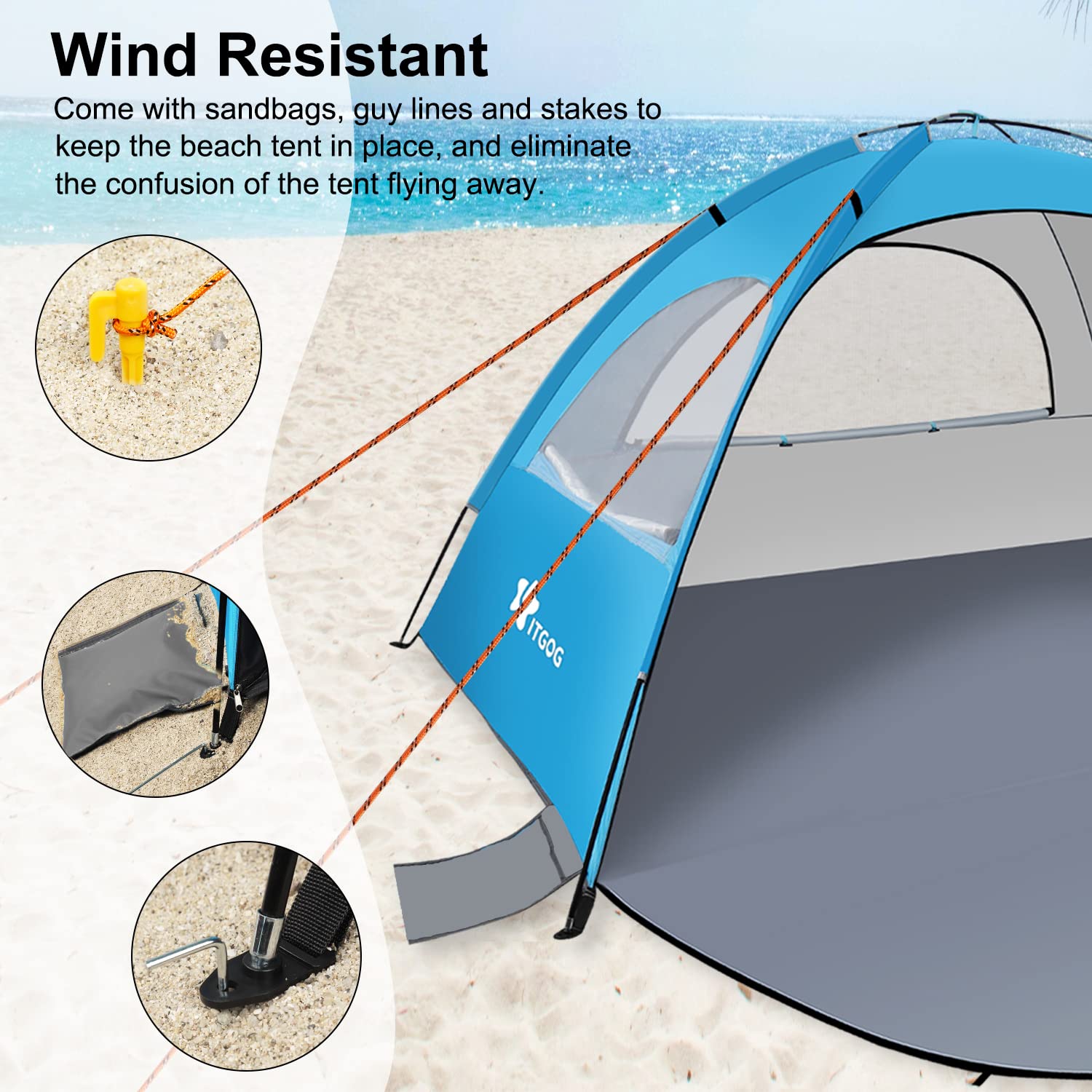 YITGOG Beach Tent Sun Shelter for 3-4/5-6Person, Lightweight Beach Tent with UV Protection, 3 Mesh Roll Up Windows & 8.0mm Fiberglass, Easy Assemble (Sky Blue, 3-4 Person)