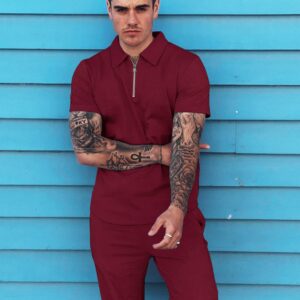 URRU Men's Classic Short Sleeve Polo Shirt Sets Zipper Casual Slim Fit Cotton Tracksuit Wine Red M