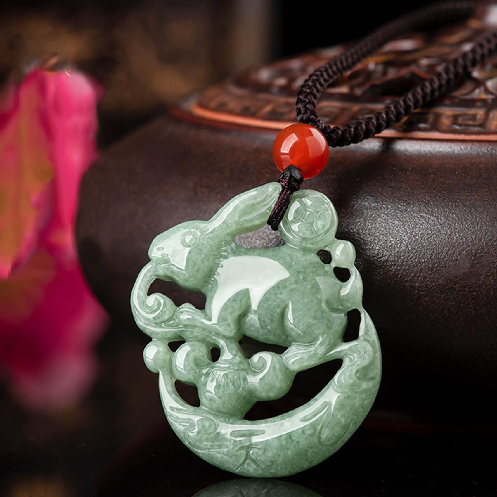 Feng Shui Jade Necklace Natural Nephrite Jade Necklace Auspicious Rabbit Charm Pendant Necklace w/Cord Green Jade Amulet Talisman Stone Attract Wealth Good Luck Unisex