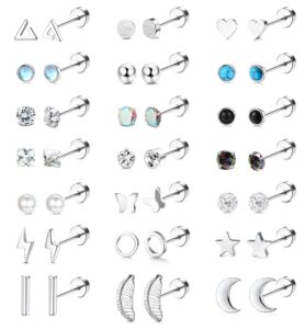 sailimue 21pairs stainless steel stud earrings set for women men 20g tiny cartilage stud earrings star moon triangle heart leaf opal stud earrings hypoallergenic flat back earrings piercing jewelry