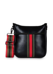 haute shore - jeri bello crossbody tote, black coated w/olive, black, & red stripe