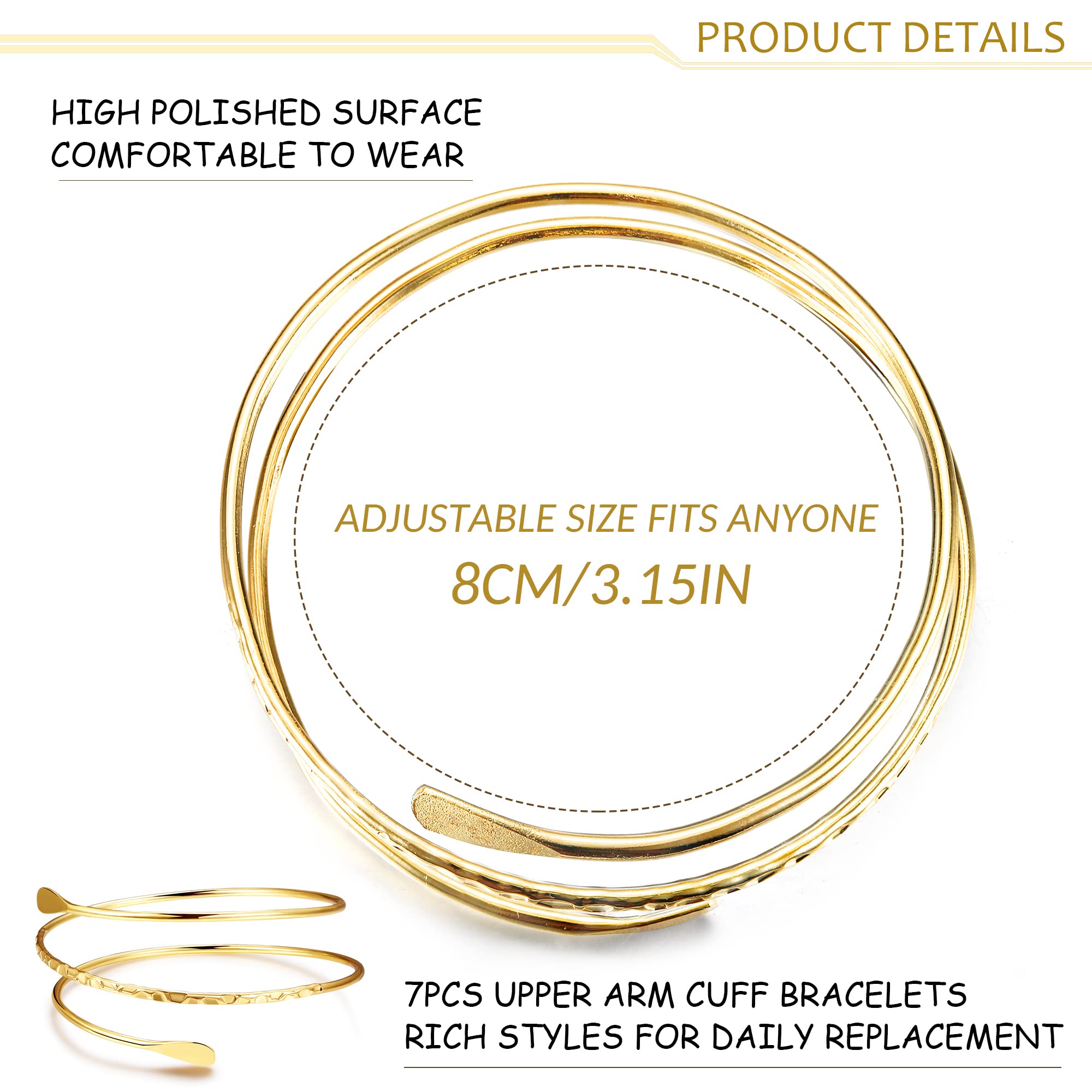 FIBO STEEL 7 Pcs Gold Plated Arm Cuff Upper Arm Band Cuff Bracelet Armband Set Adjustable Simple Coil Bangle for Women