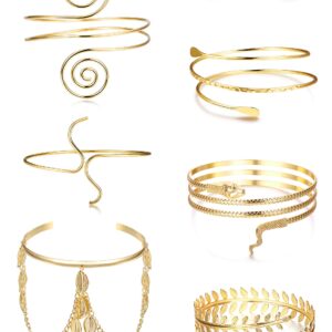 FIBO STEEL 7 Pcs Gold Plated Arm Cuff Upper Arm Band Cuff Bracelet Armband Set Adjustable Simple Coil Bangle for Women