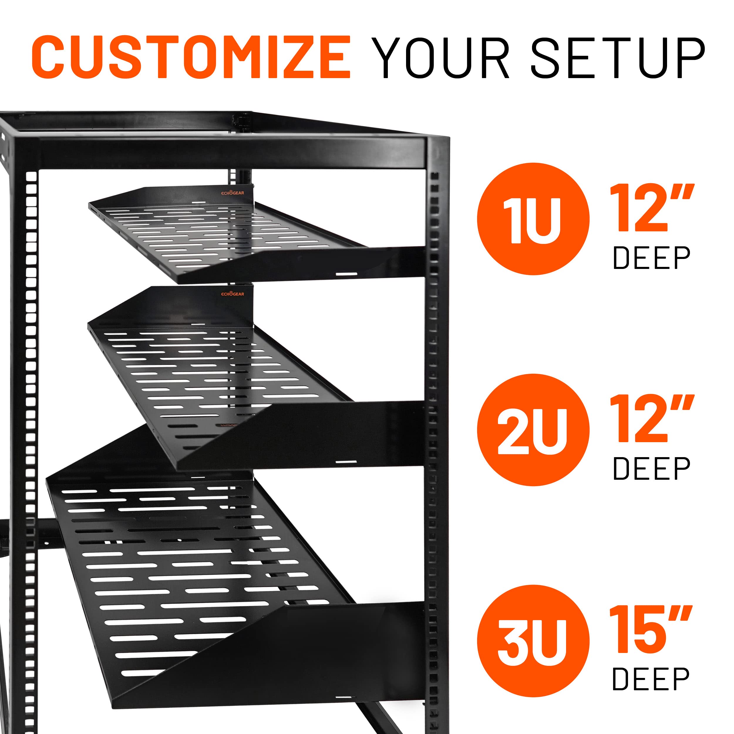 ECHOGEAR 1U Rack Shelf - Universal Design Works with Any Rack - Holds 25lbs of Servers, Network Gear, or AV Equipment - 12" Deep Steel Shelf with Ventilated Design - Install Hardware Included