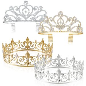 henoyso 4 pcs prom king and queen crowns for men women king queen tiara crystal headband homecoming costume party favor(gold, silver, elegant)