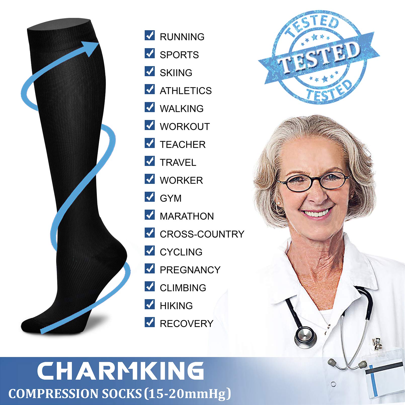 CHARMKING Compression Socks for Women & Men Circulation (3 Pairs) 15-20 mmHg is Best Athletic for Running, Flight Travel, Support, Cycling, Pregnant - Boost Performance, Durability (S/M, Multi 55)