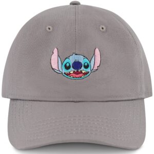 disney stitch dad hat, adjustable cotton baseball cap with curved brim, grey, one size