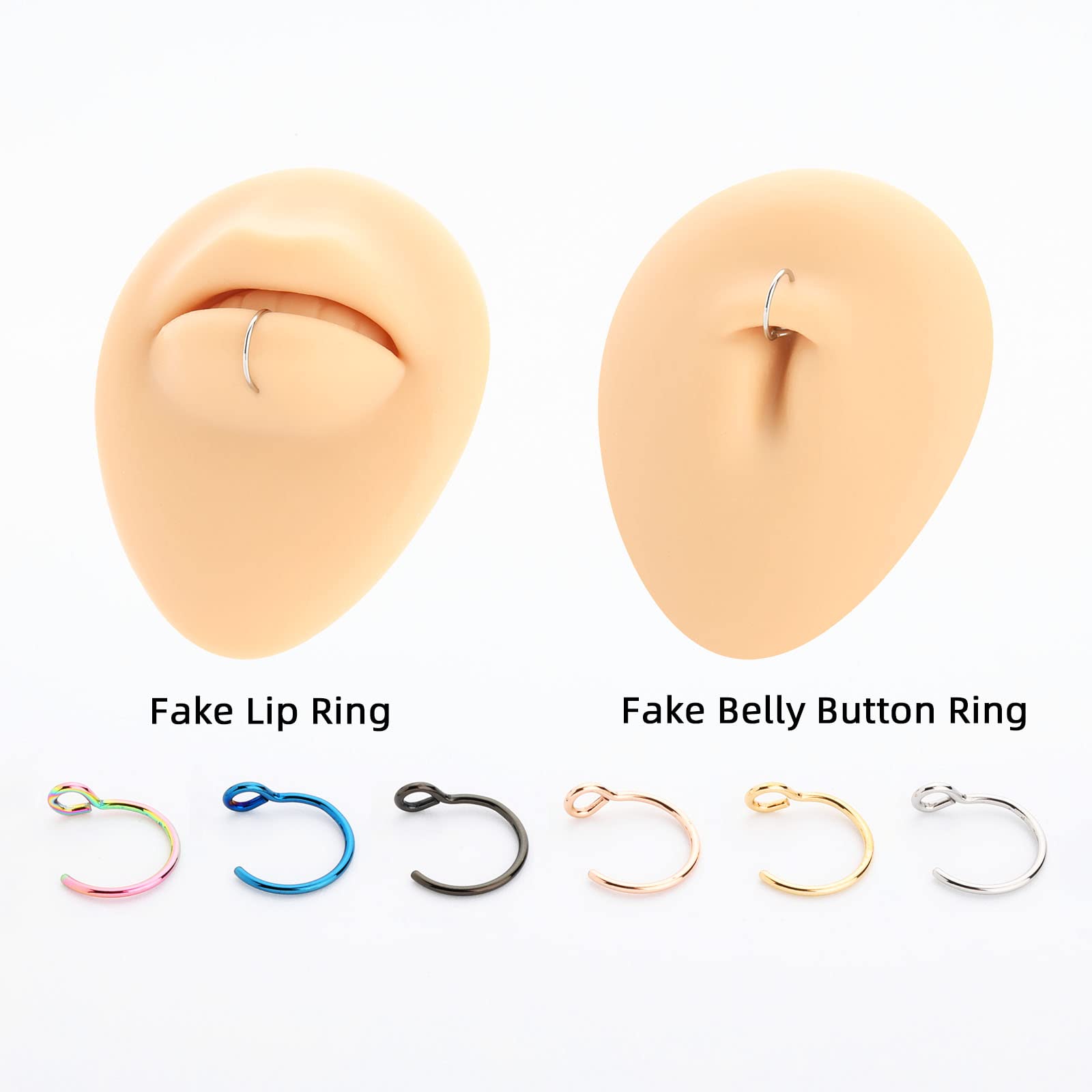 Fake Nose Ring Hoop Clip On, Non Piercing Lip Rings 20G 8mm,Gold Black Rose Gold, Stainless Steel No Pierced for Women Men