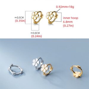 6mm Tiny Cute Flower Hoop Sterling Silver Mini Small Cartilage Hoop Earrings for Women Girls Teens Hypoallergenic Dainty White Enameled Daisy Flowers 18g Piercing Huggie Hoops (14k Gold Plated)