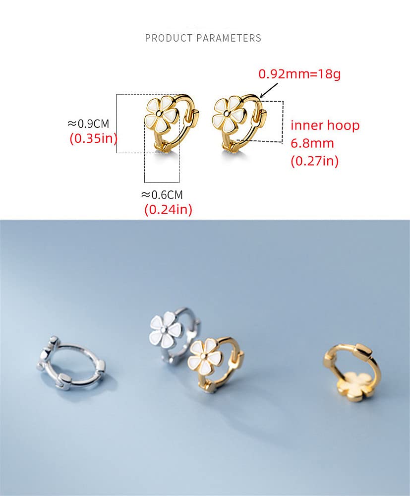 6mm Tiny Cute Flower Hoop Sterling Silver Mini Small Cartilage Hoop Earrings for Women Girls Teens Hypoallergenic Dainty White Enameled Daisy Flowers 18g Piercing Huggie Hoops (14k Gold Plated)