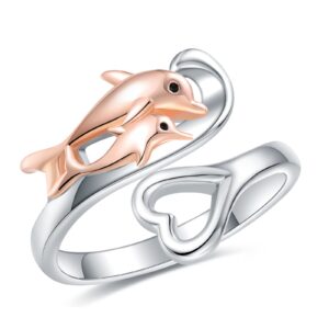 925-sterling-silver heart wave dolphin ring - rose gold plated mother daughter rings，sea ocean cute animal dolphins gifts for women，mothers day jewelry gifts for mom