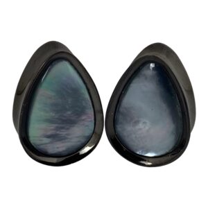 mystic metals body jewelry pair of black steel teardrop plugs with grey shell inlay (ps-290) (7/8" (22mm))