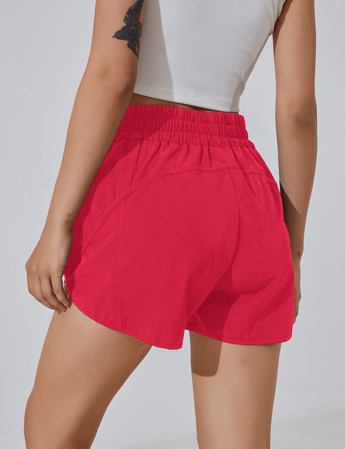 BMJL Women's Running Shorts Elastic High Waisted Shorts Pocket Sporty Workout Shorts Quick Dry Athletic Shorts Pants(S,Red)