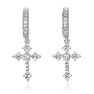 tkmira 14k gold/silver plated cross earrings men women hypoallergenic cubic zirconia dangle hoop earrings (cross3-silver)