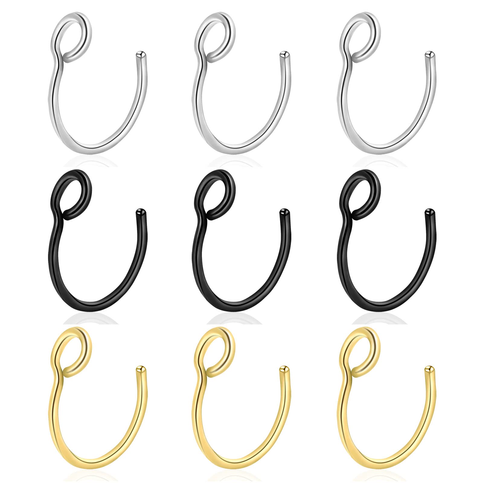 Fake Nose Ring Hoop Clip On, Non Piercing Lip Rings 20G 8mm,Gold Black Rose Gold, Stainless Steel No Pierced for Women Men