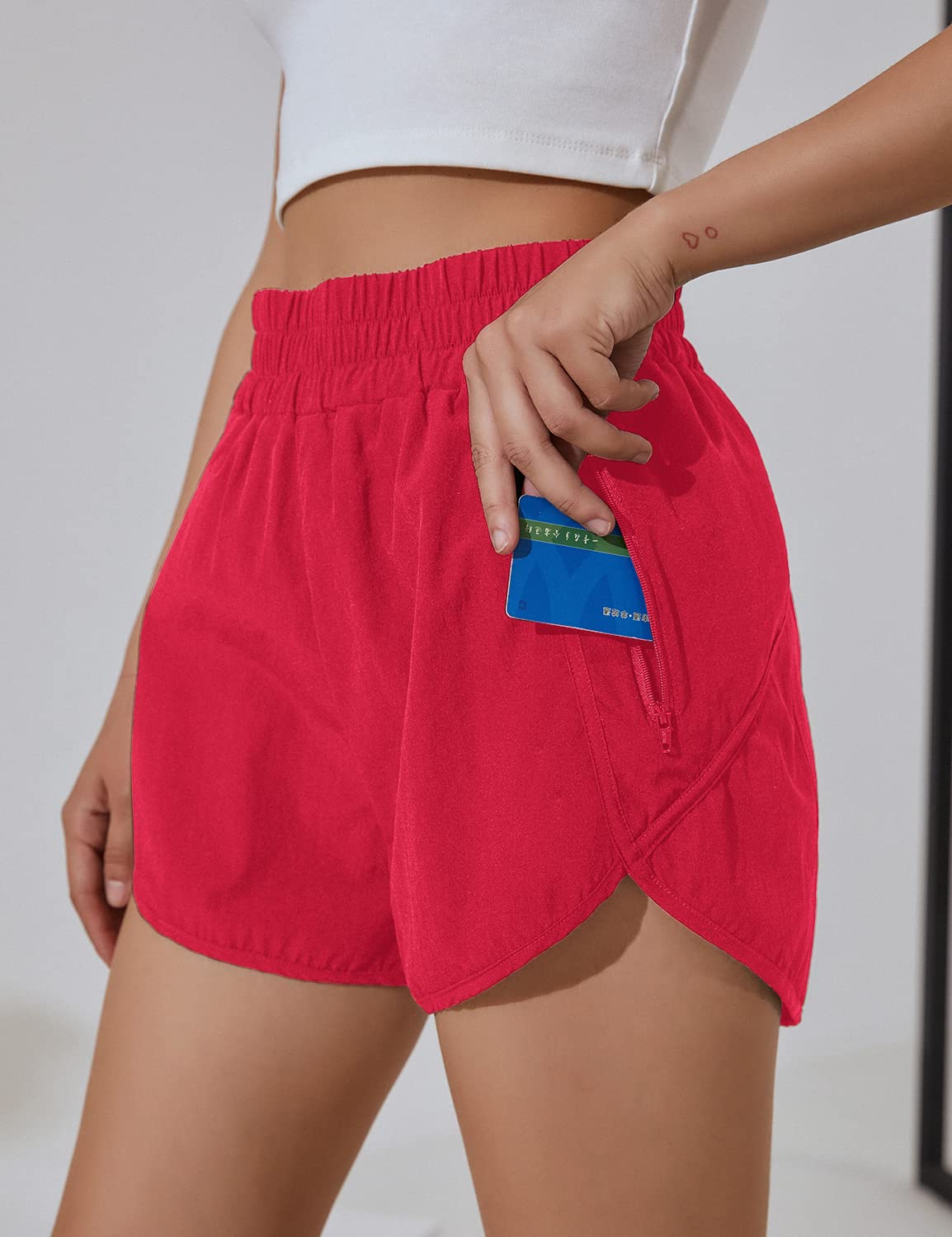 BMJL Women's Running Shorts Elastic High Waisted Shorts Pocket Sporty Workout Shorts Quick Dry Athletic Shorts Pants(S,Red)