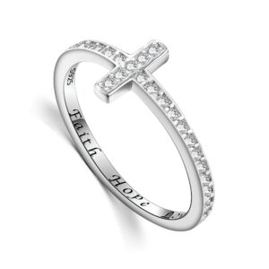 ever faith 925 sterling silver shiny cz ring, engraved faith hope love sideways cross ring for women -size 7