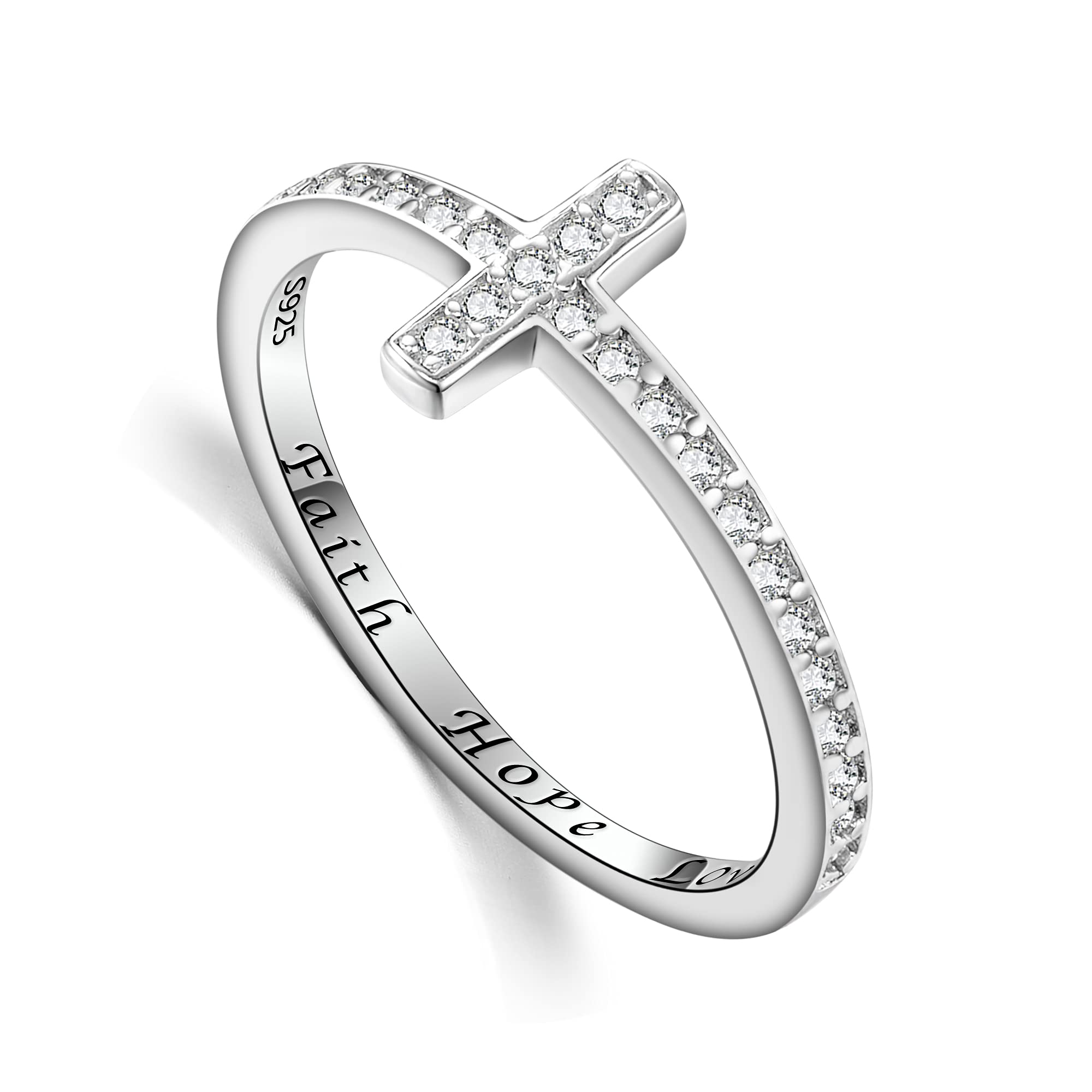 EVER FAITH 925 Sterling Silver Shiny CZ Ring, Engraved Faith Hope Love Sideways Cross Ring for Women -Size 7