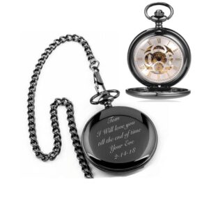 Personalized Antique Mechanical Movement Gunmetal Pocket Watch Custom Engraved Free with Gift Box - Ships from USA, PW51