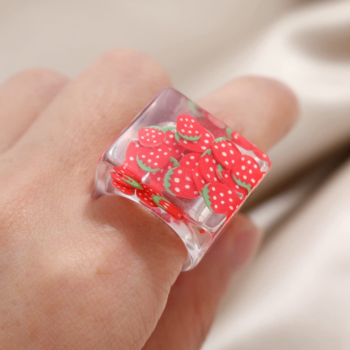 MOKAVIKY 25 2 Pcs Chunky Resin Fruit Rings Set Colorful Strawberry Acrylic Rings for Women