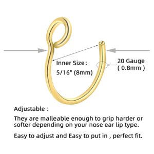 Fake Nose Ring Hoop Clip On, Non Piercing Lip Rings 20G 8mm,Gold Black Rose Gold, Stainless Steel No Pierced for Women Men