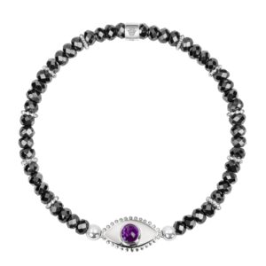 karma and luck - inner transformation - women's grounding real hematite & calming amethyst beads 925 sterling silver protection evil eye charm stretch bali bracelet