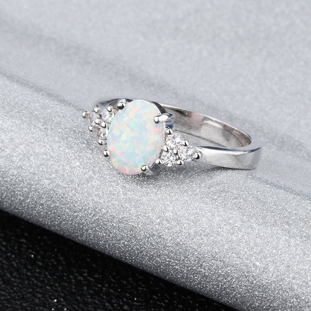 CHATCHAT Exquisite Women's 925 Sterling Silver Ring Oval Cut Fire-Opal Diamond Jewelry Birthday Gift Bridal Party Ring（Silver，SL7）