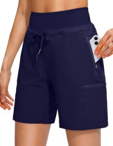 obla women's hiking cargo shorts zipper pockets soft high waisted quick dry 7 inch long shorts for women golf athletic summer (navy_xl)